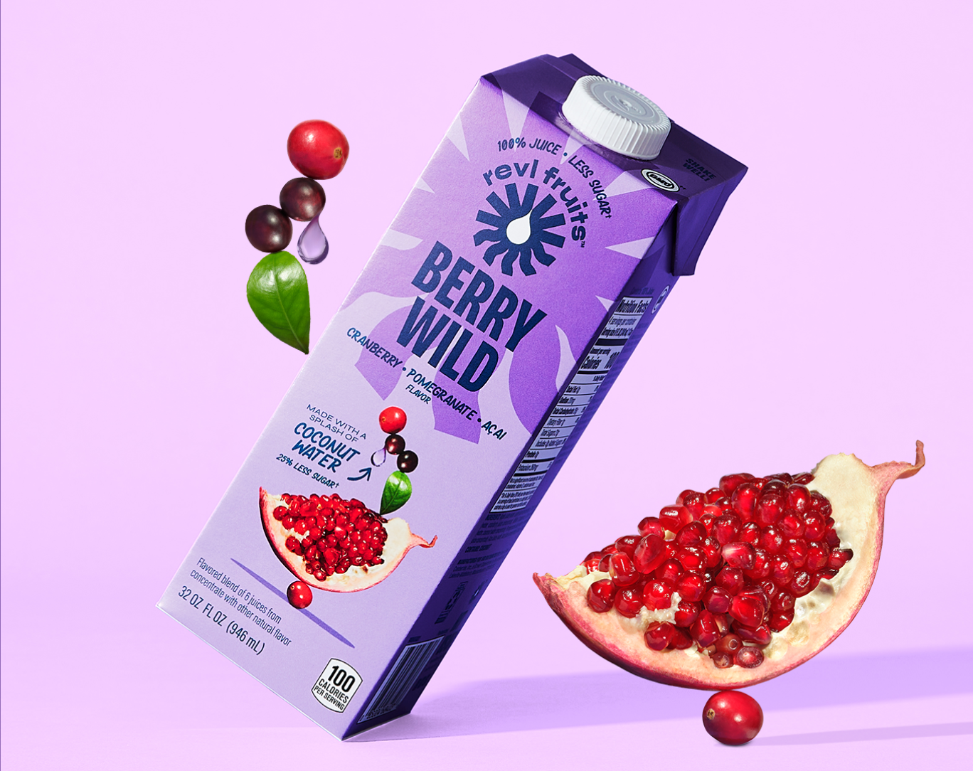 Revl Fruits. 100% Juice with a Splash of Coconut Water. No Added Sugar